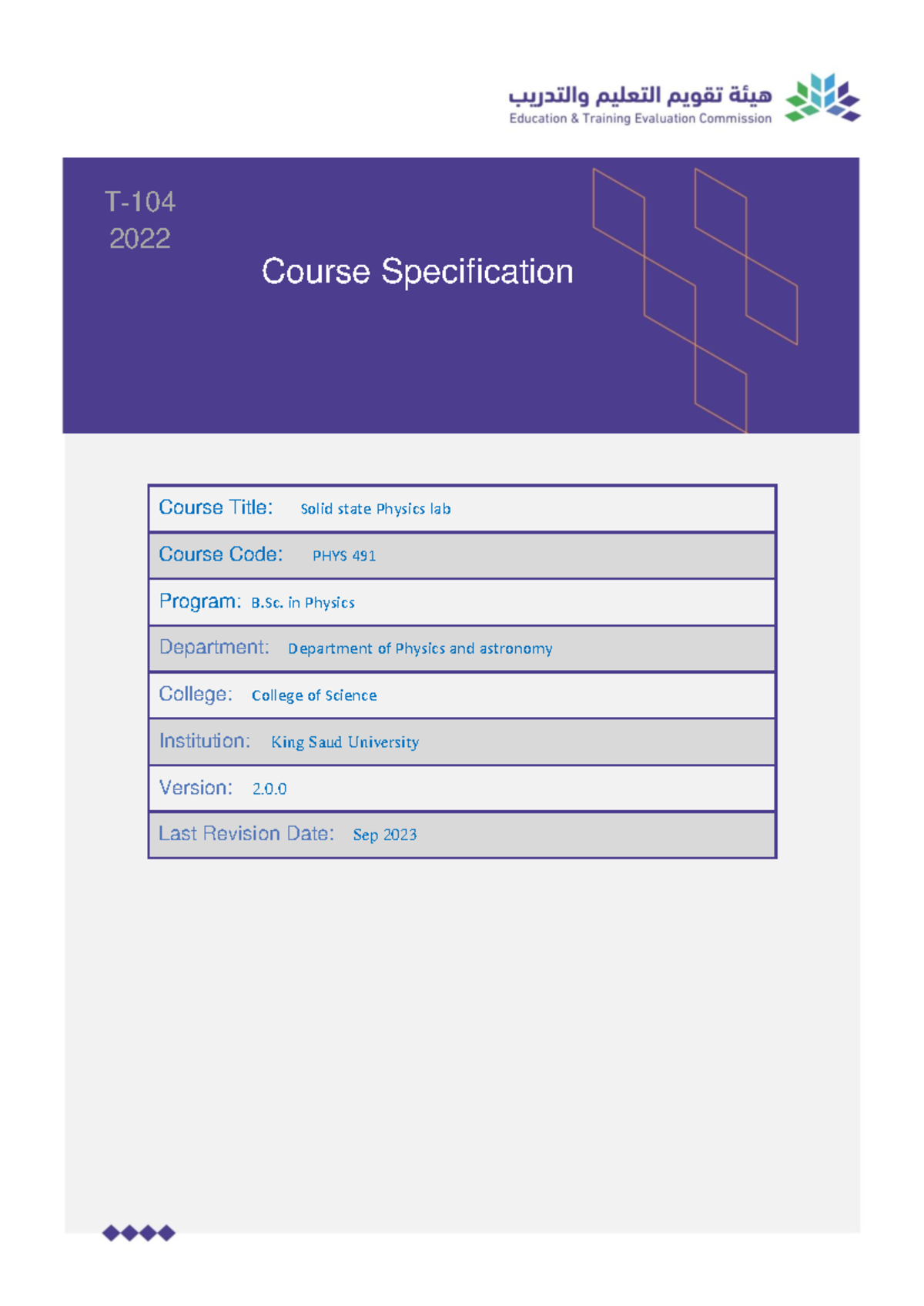 PHYS 491 Solid State Physics Lab Course Specification 2022 - Studocu