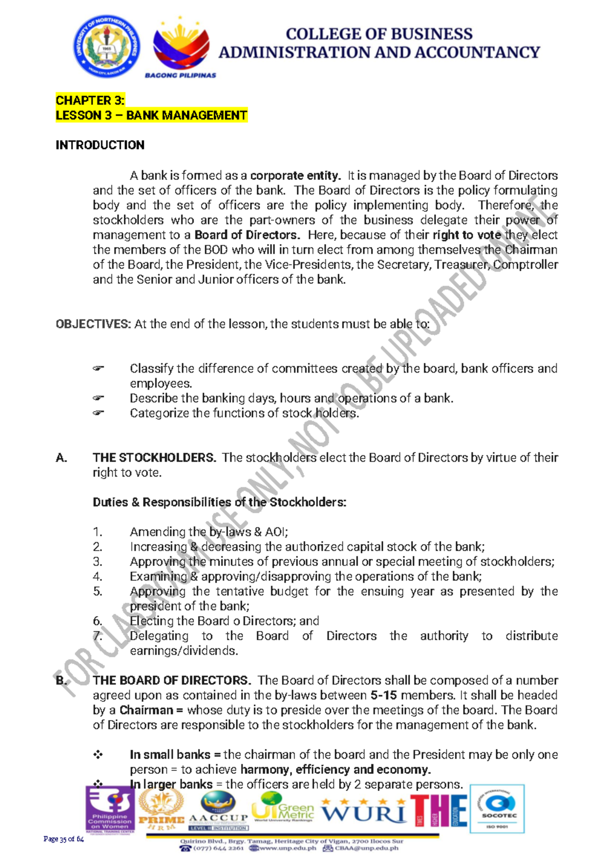 CHAPTER 3: LESSON 3 - BANK MANAGEMENT OVERVIEW - Studocu