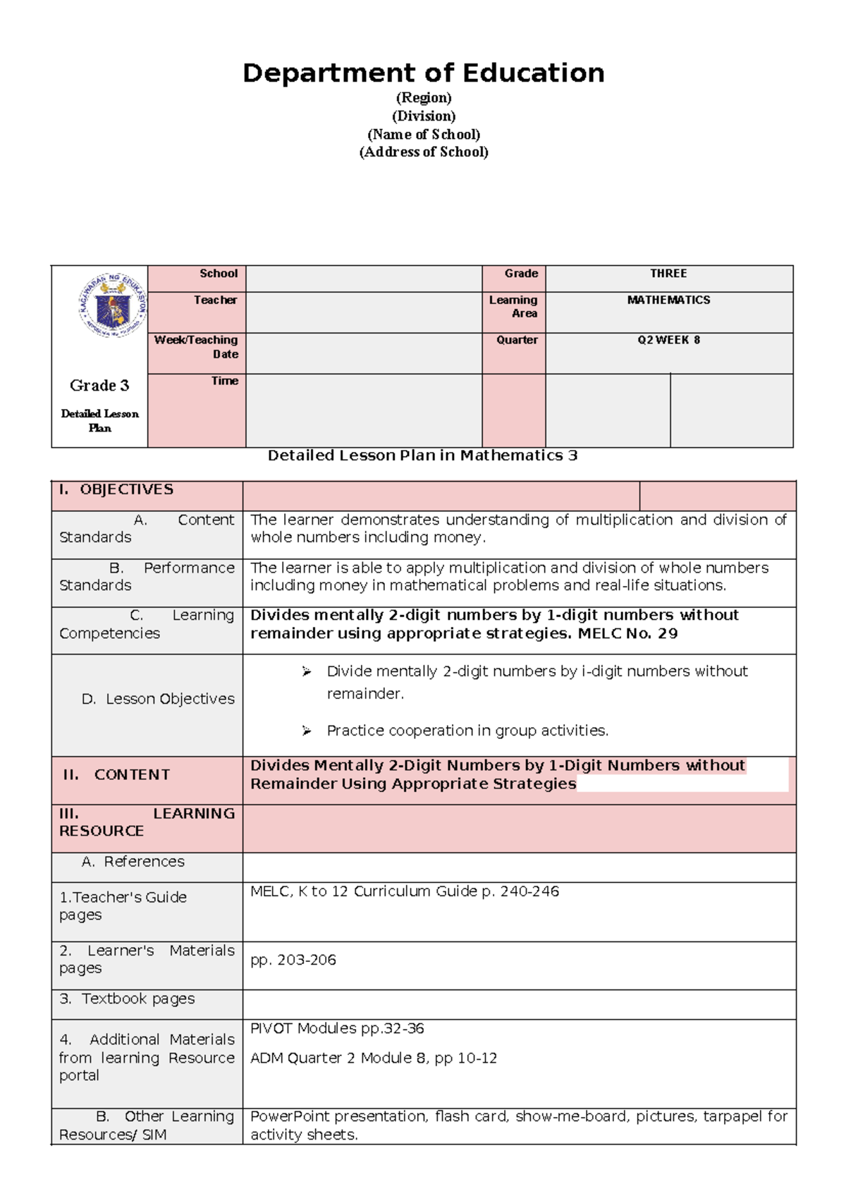 COT MATH 3 Q2 W8 - DETAILED LESSON PLAN FOR DIVISION - Studocu