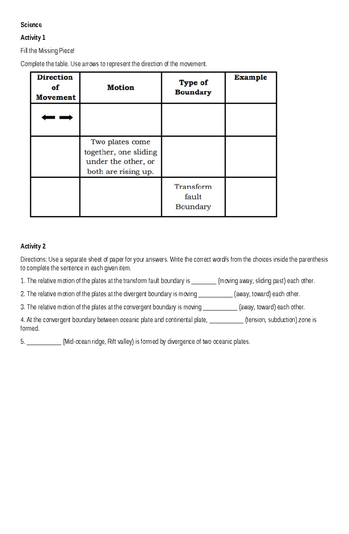 Science Activity 1: Plate Tectonics Motion and Boundaries - Studocu