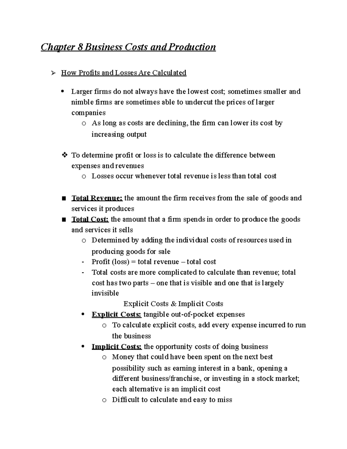 Micro Econ Chapter 8Notes - Chapter 8 Business Costs and Production How ...