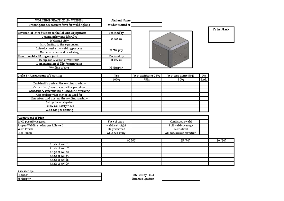 WKSPIB Welding Lab Assessment Form - 2024 Evaluation Report - Studocu