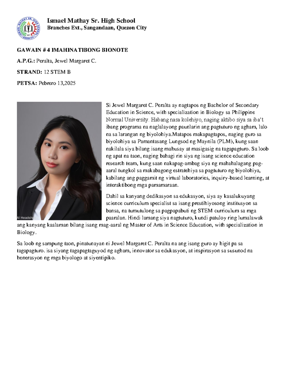 Peralta. Bionote - Ismael Mathay Sr. High School Branches Ext ...