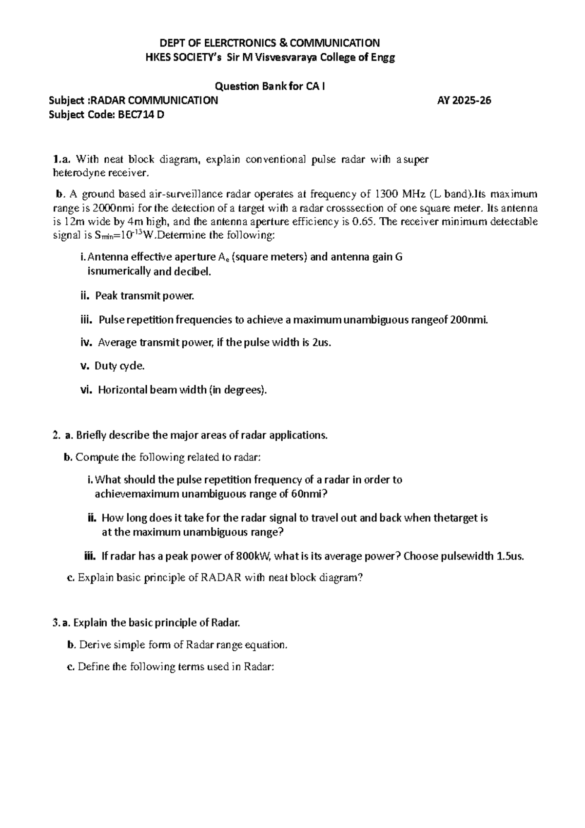 Radar Communication Question Bank for CA I - BEC714 - Studocu