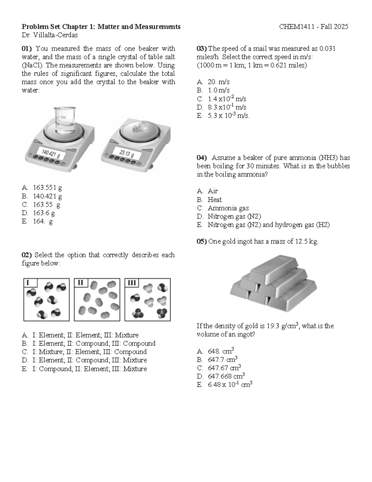 CHEM1411 Problem Set: Chapter 1 - Matter & Measurements - Studocu
