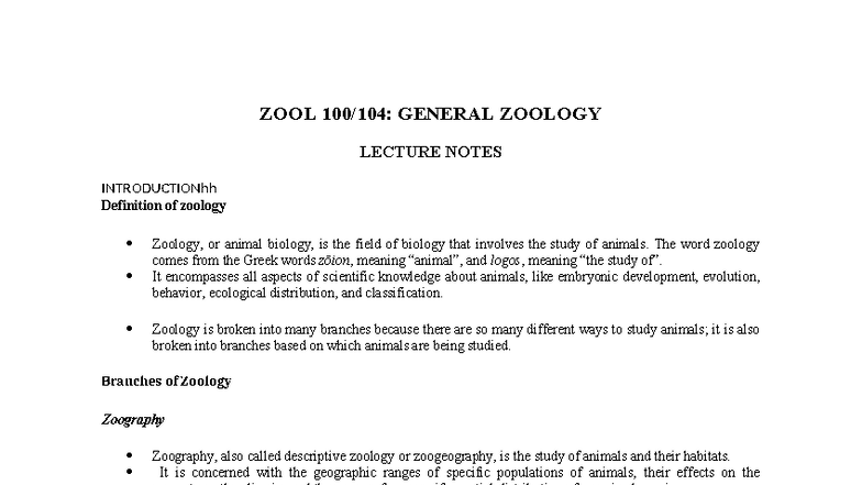 ZOOL 100 General Zoology Lecture Notes: Introduction to Animal Biology ...