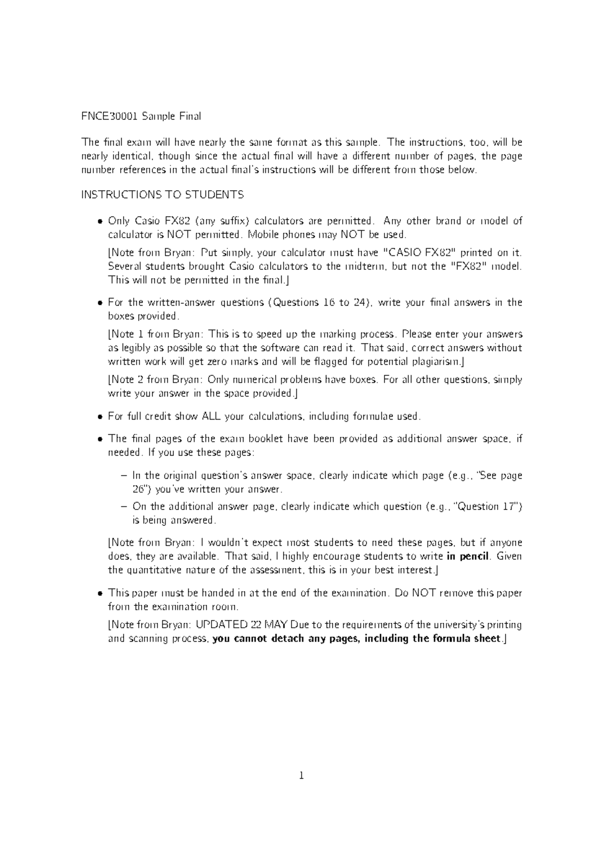 2023 sem 1 final sample answers - FNCE30001 Sample Final The nal exam ...