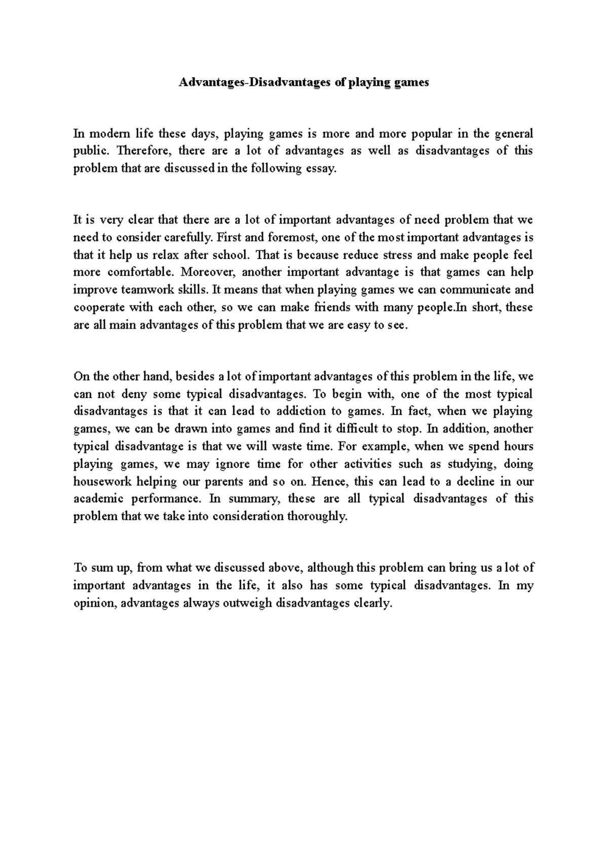 Essay on the Advantages and Disadvantages of Playing Games - Studocu