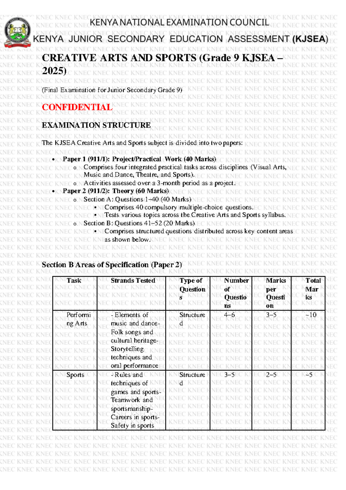 KJSEA 2025 Grade 9 Creative Arts & Sports Final Exam Structure - Studocu