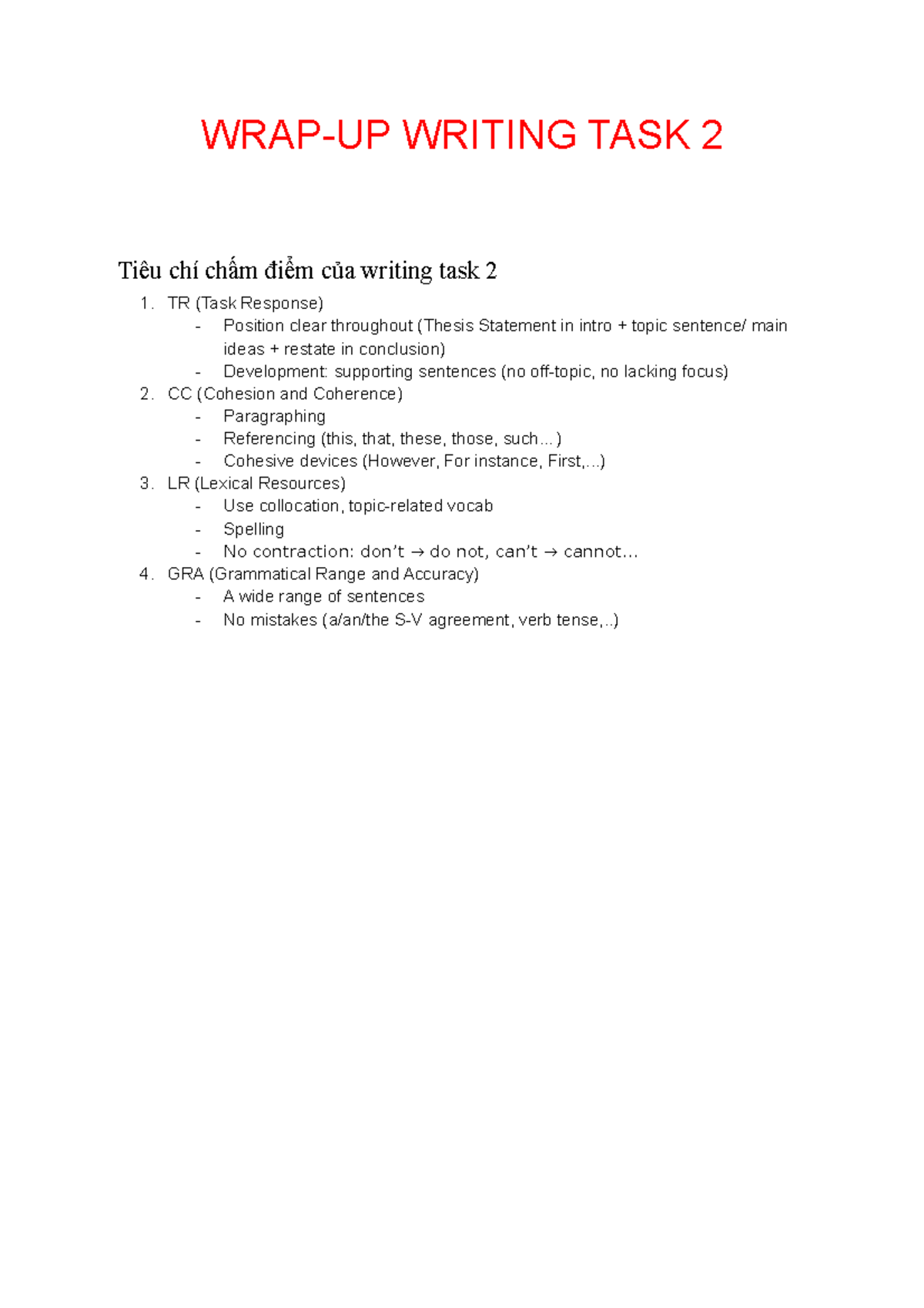 WRAP-UP Writing TASK 2 - WRAP-UP WRITING TASK 2 Tiêu chí chấm điểm của ...
