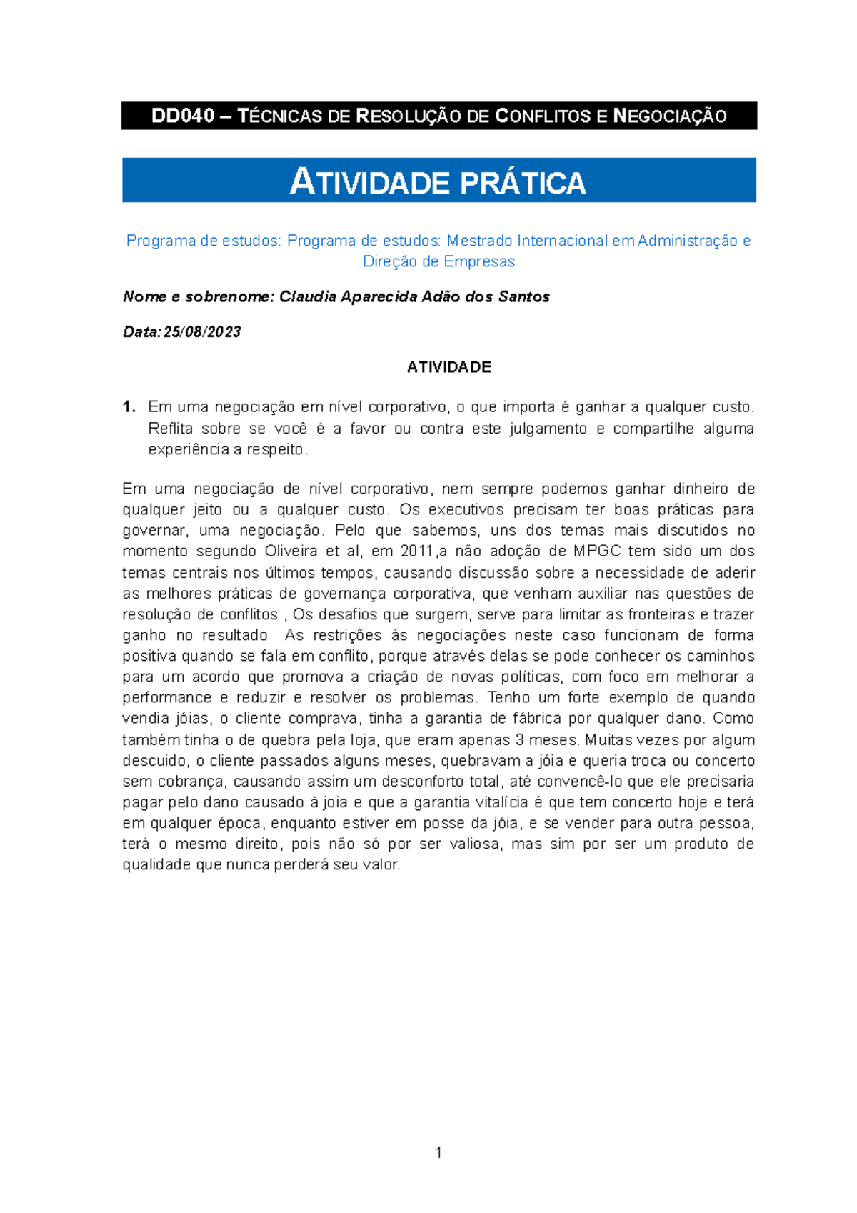 DD040 Técnicas de Resolução de Conflitos - Atividade Prática e Análise ...