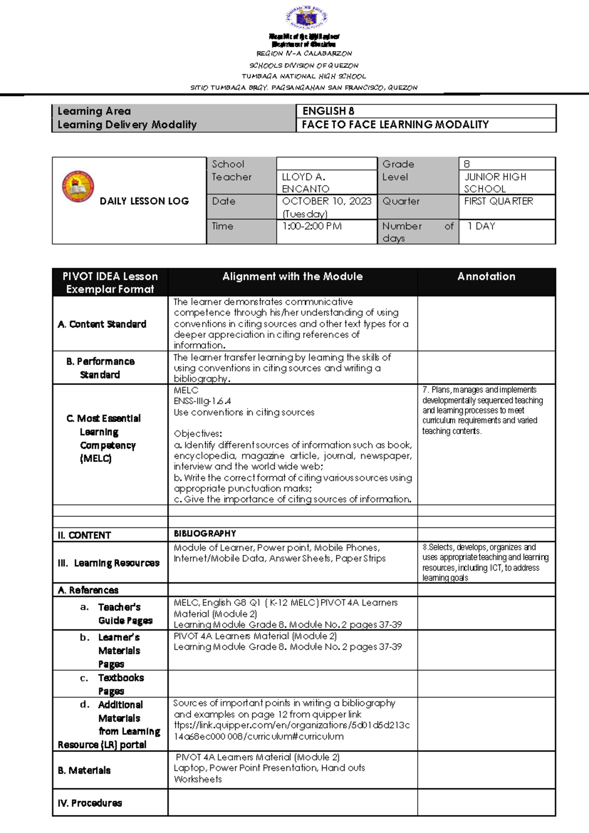 DLP - Bibliography Lesson Plan for Grade 8 English Class - Studocu