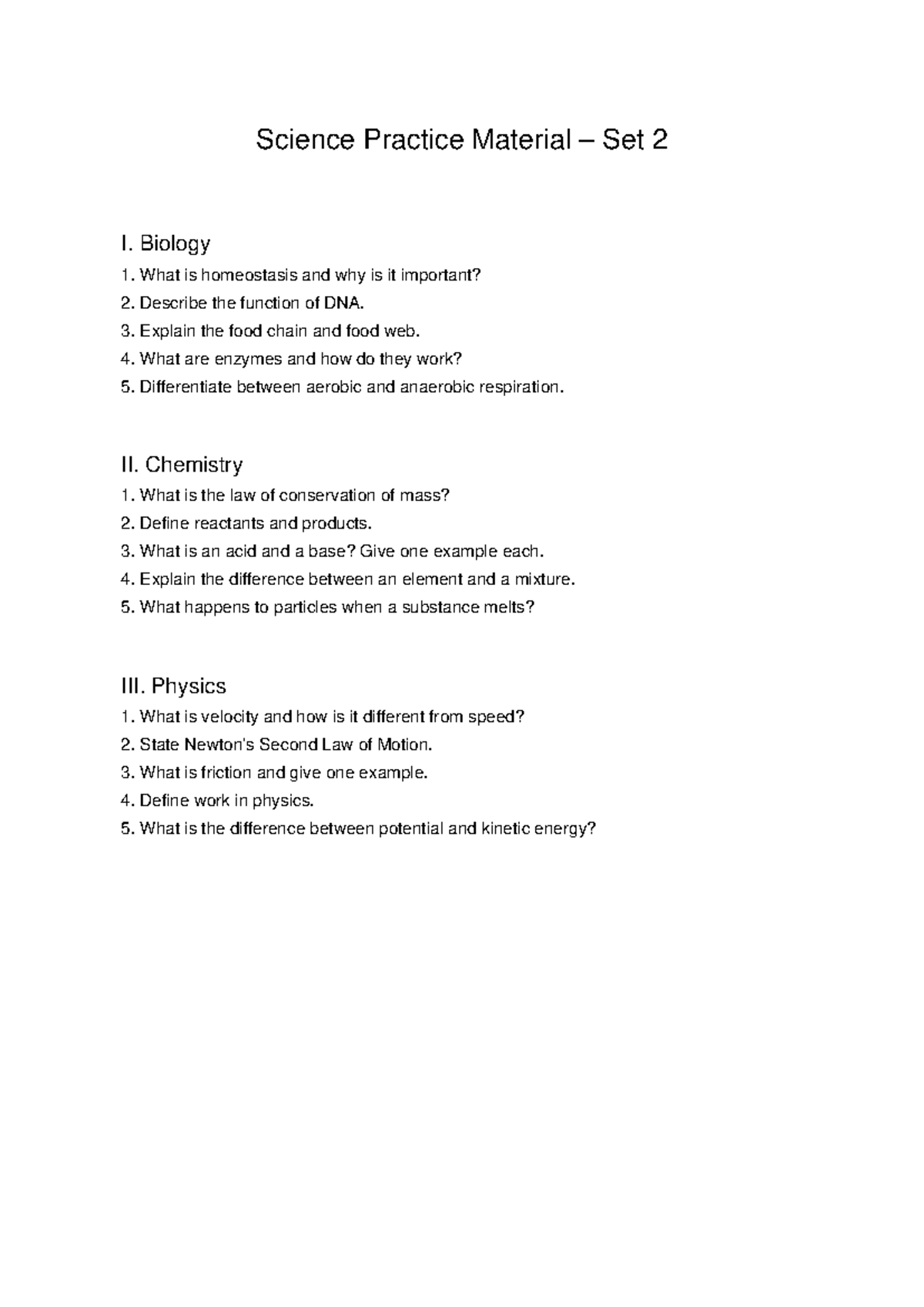 Science Practice Material Set 2: Biology, Chemistry & Physics - Studocu