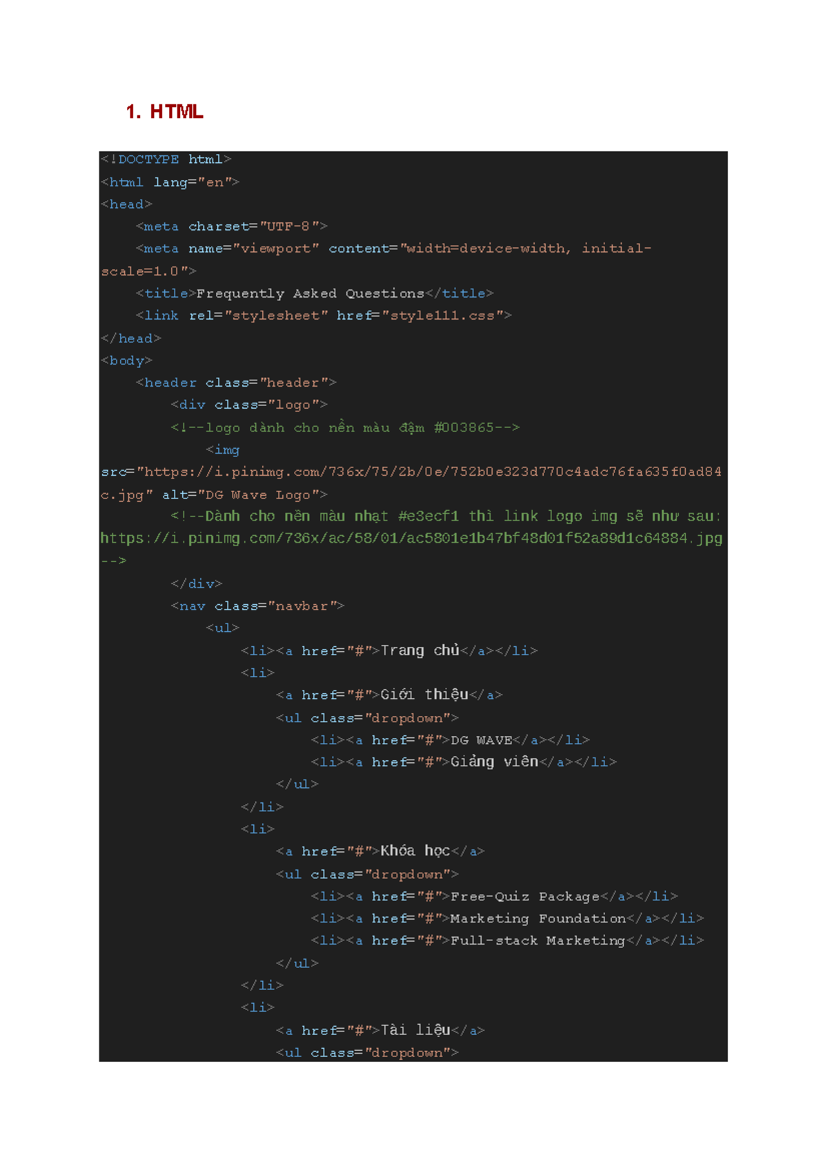 FAQ - FAQ code in web design - 1. HTML - Studocu