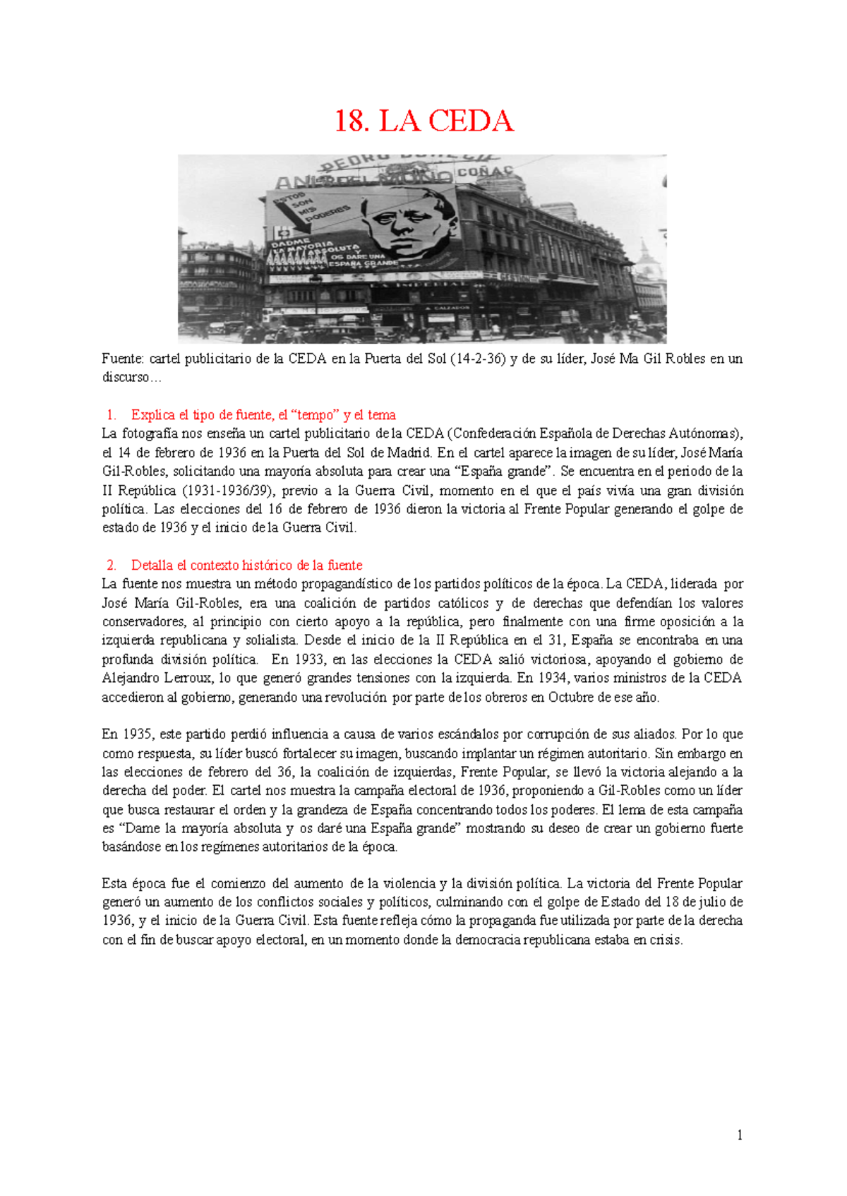 Análisis del cartel publicitario de la CEDA en la II República (Bloque ...