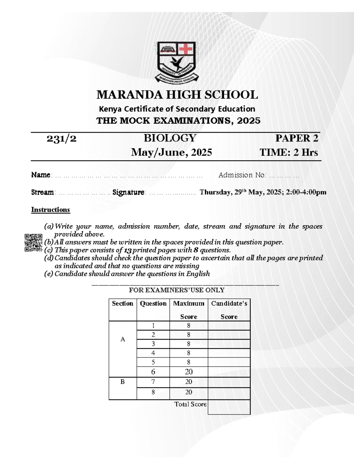 Maranda High School KCSE 2025 Mock Exam Biology Paper 2 Questions - Studocu