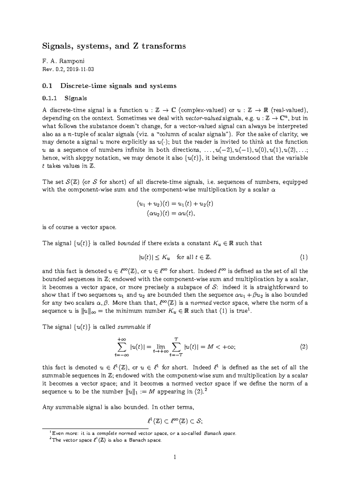 Signal system and Z transform - Signals, systems, and Z transforms F. A. Ramponi Rev. 0, 2019-11 ...