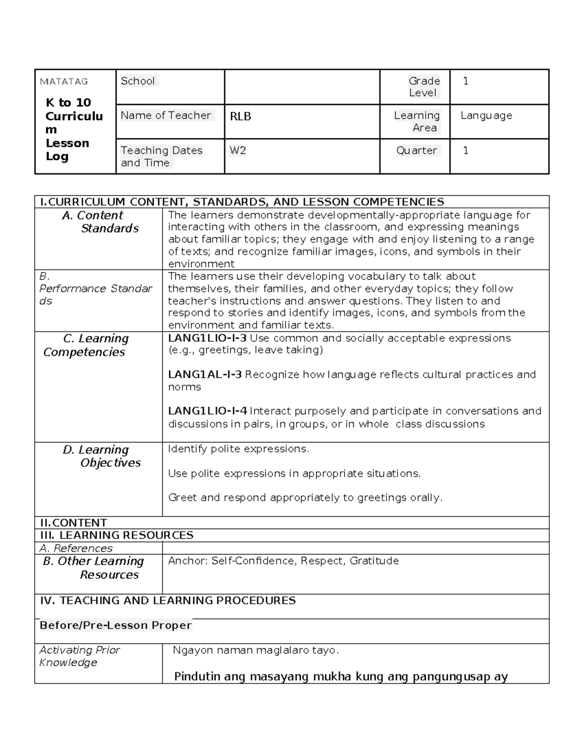 MATATAG K to 10 Language Lesson Log - Grade 1 Competencies Guide - Studocu