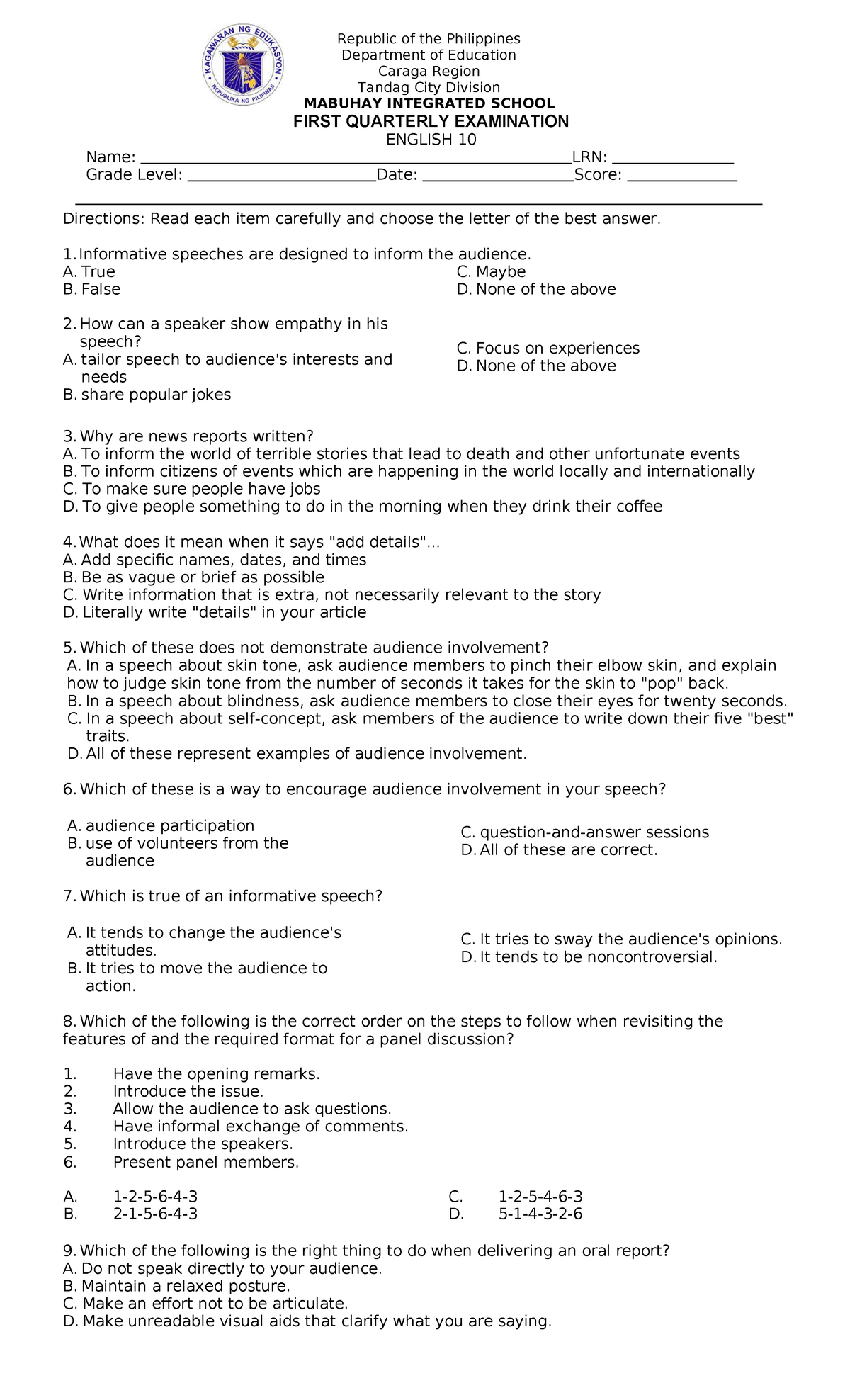 1st Periodic Exam in Grade 10 English - Republic of the Philippines ...