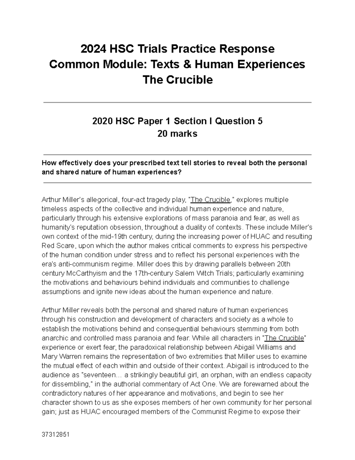 The Crucible Trial Exam Practice: HSC 2024 Responses & Insights - Studocu