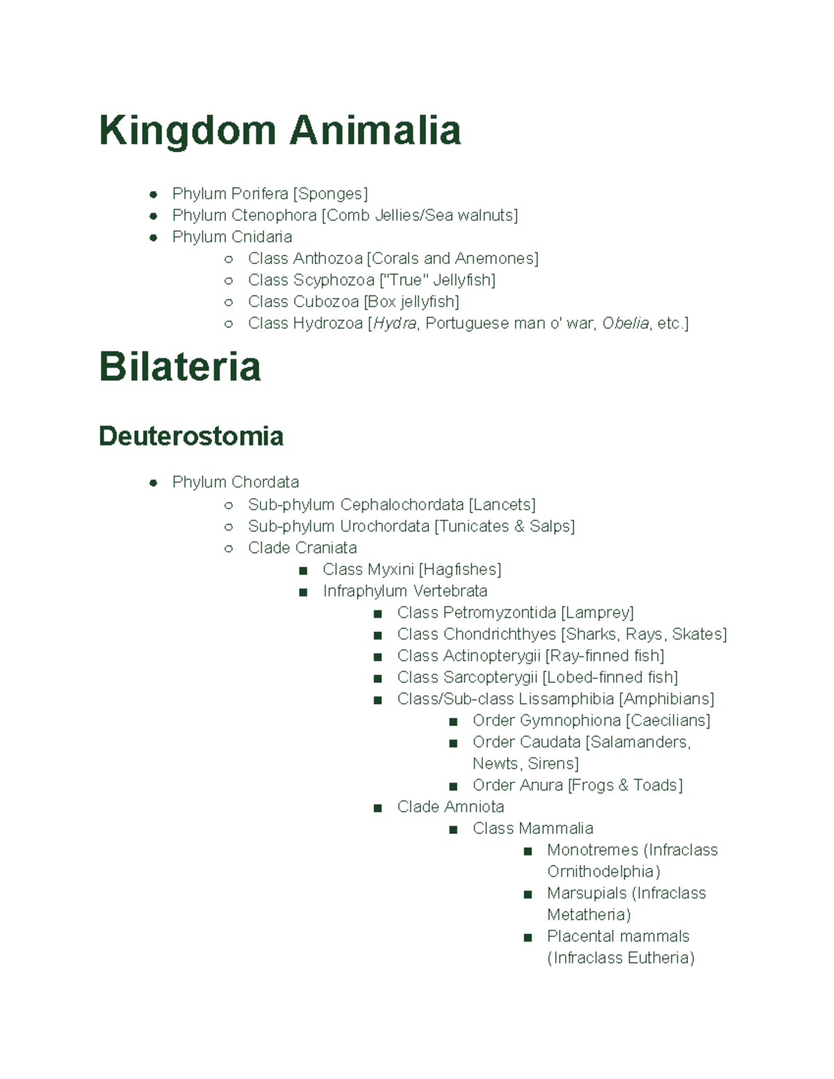 Kingdom Animalia: Phyla and Classes Overview - Studocu