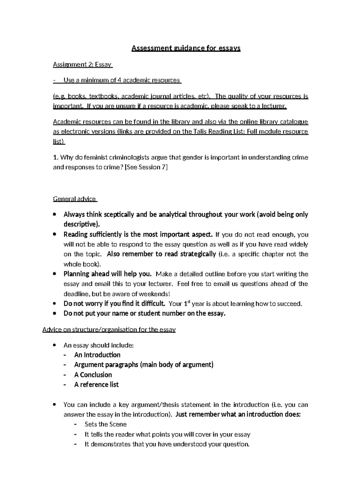 Assessment Guidance for Essays: Assignment 2 (Criminology) - Studocu