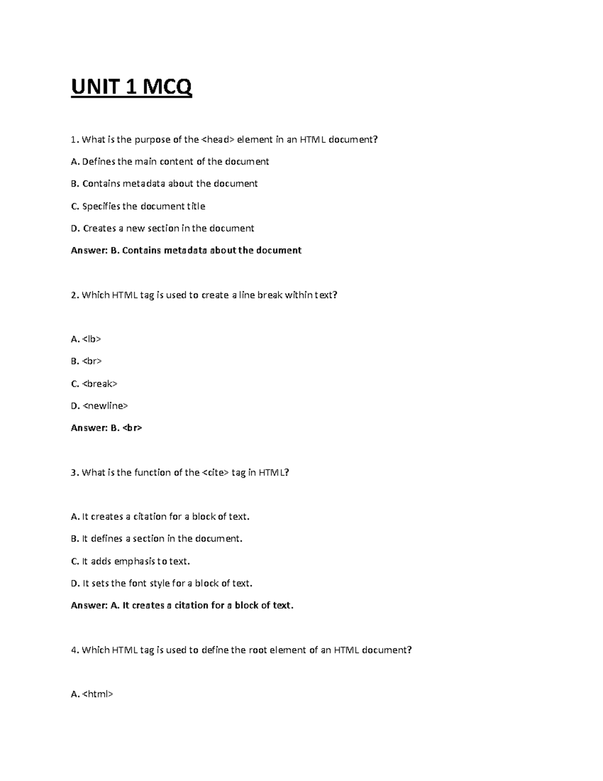 CSE326 MCQ Quiz: HTML Elements and Their Functions - Studocu