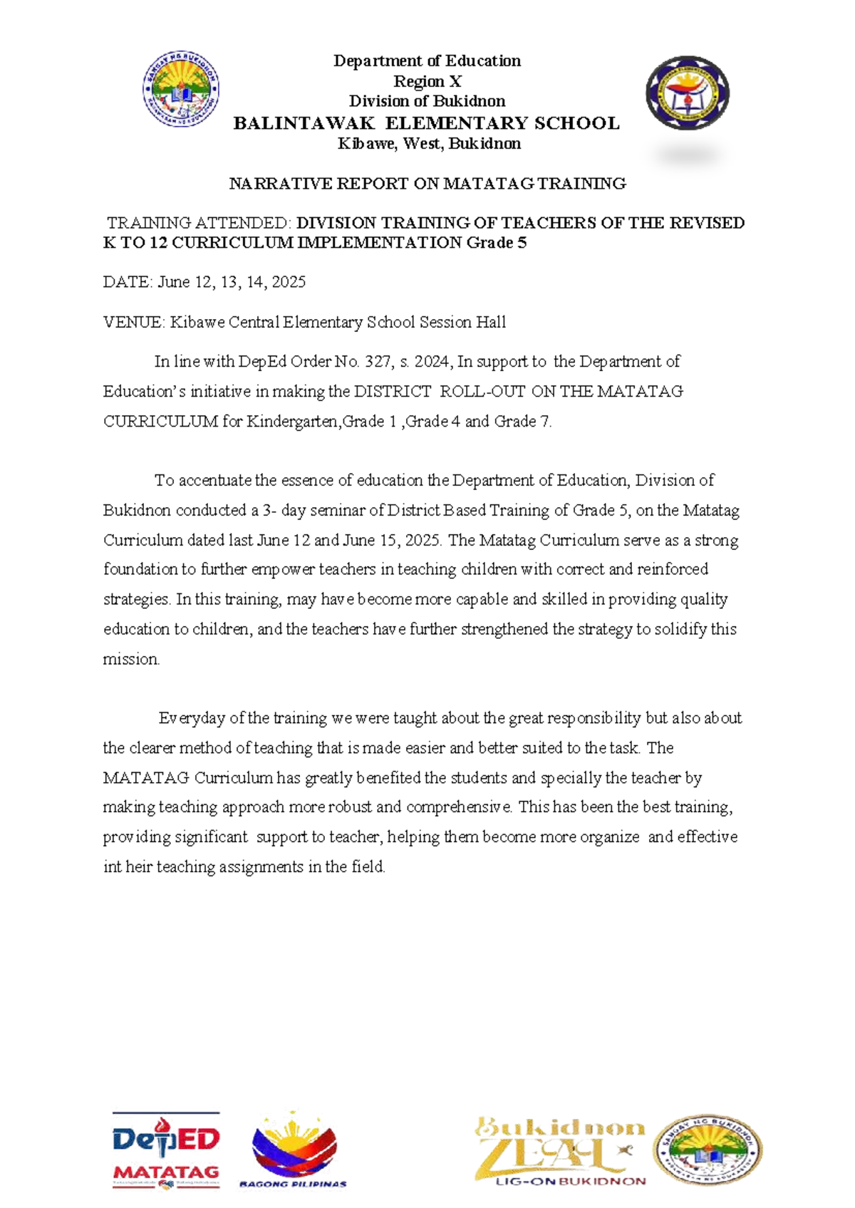 Narrative Report on MATATAG Training for Grade 5 - DepEd Region X - Studocu