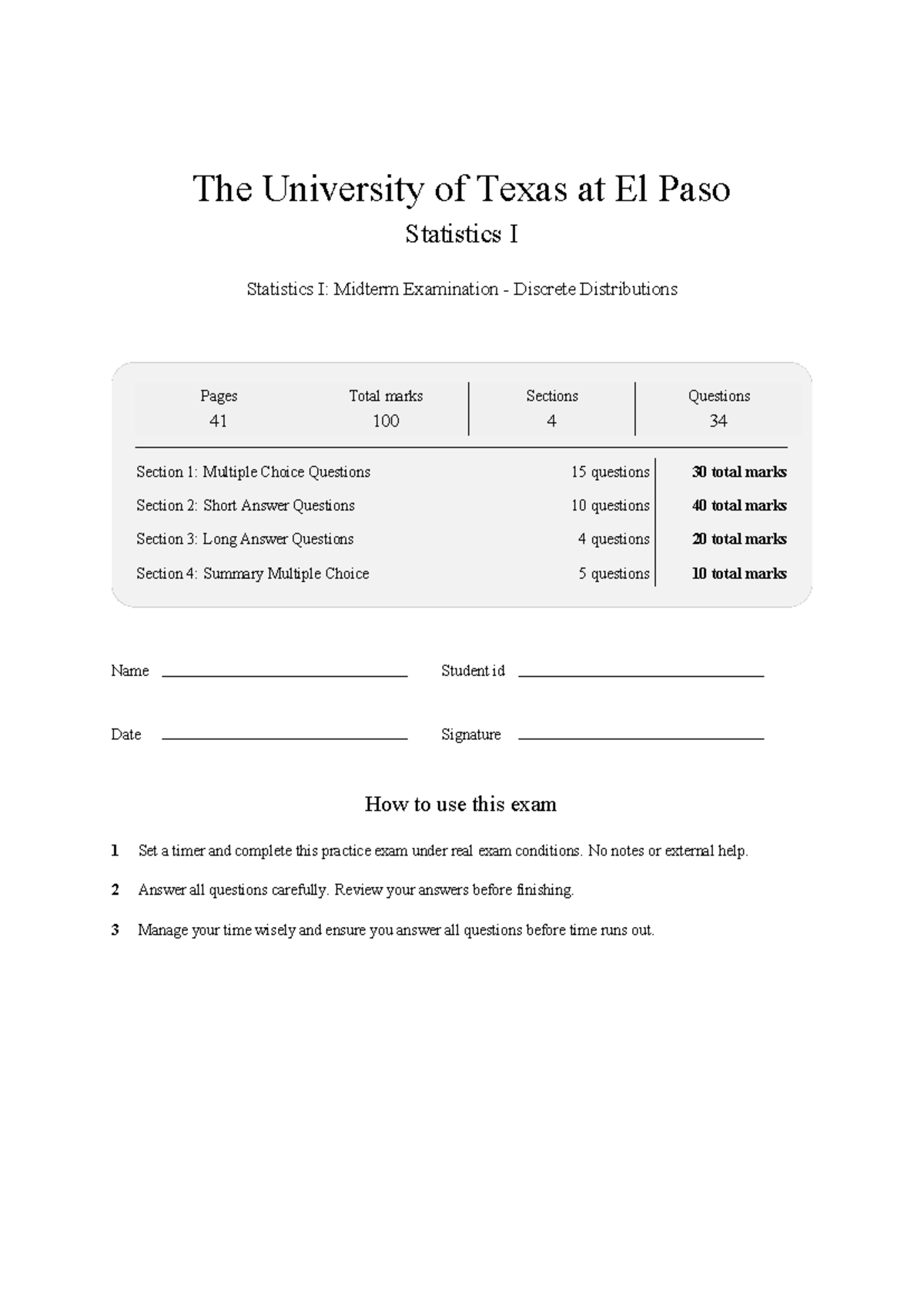 STAT 4380 Statistics I UTEP Midterm Exam Practice Test 2026 - Studocu