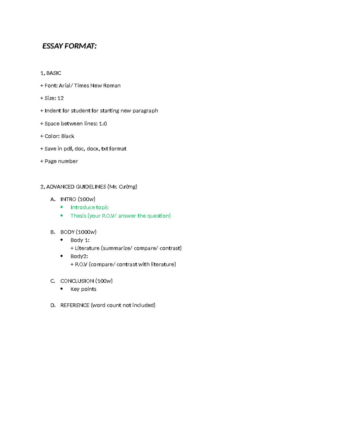 Essay Format - ESSAY FORMAT: 1, BASIC + Font: Arial/ Times New Roman ...
