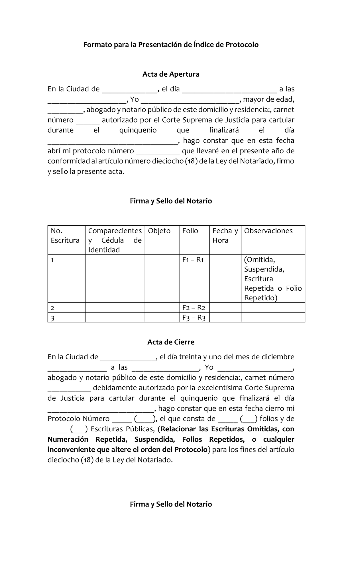 Formato de Presentación de Índice de Protocolo Notarial - Studocu