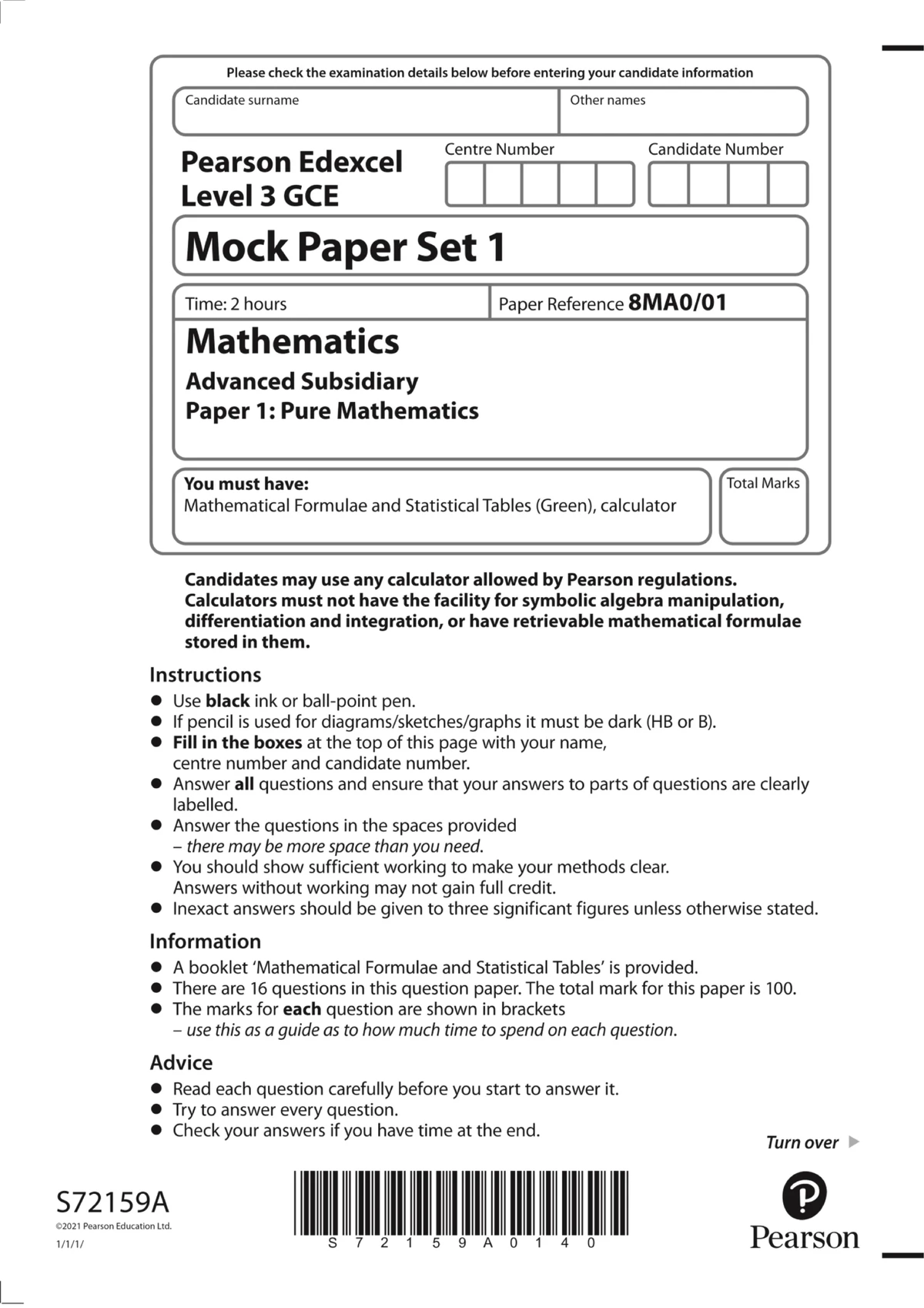 8MA0-01 AS Pure - Mock Paper 1 Worked Solutions and Guidance - Studocu