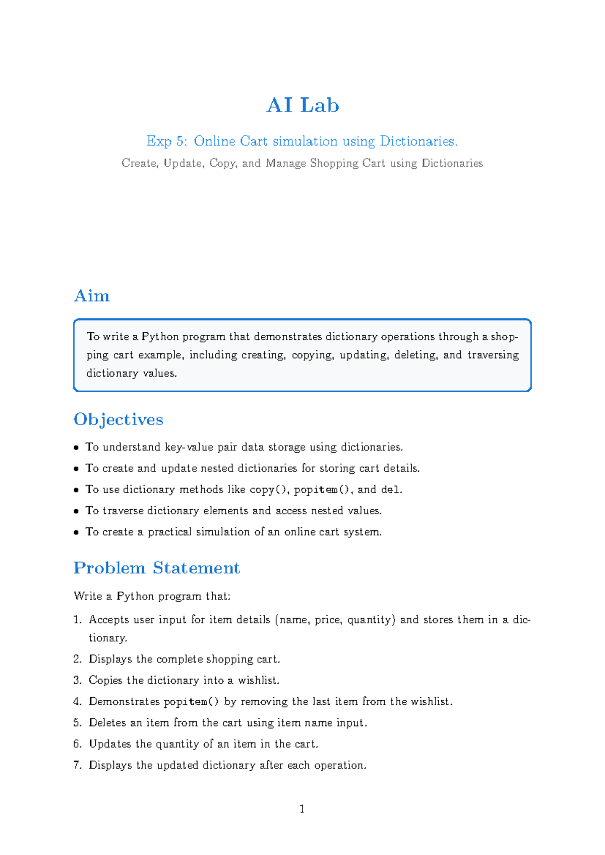 AI Lab Exp 5: Online Cart Simulation with Python Dictionaries - Studocu