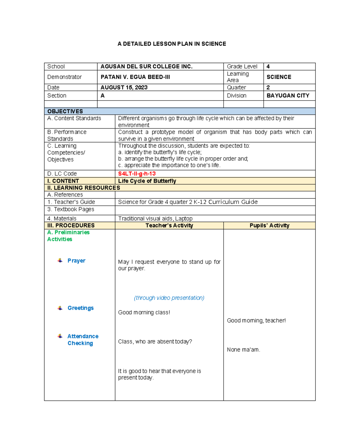 Grade 4 Science Lesson Plan: Exploring the Butterfly Life Cycle - Studocu