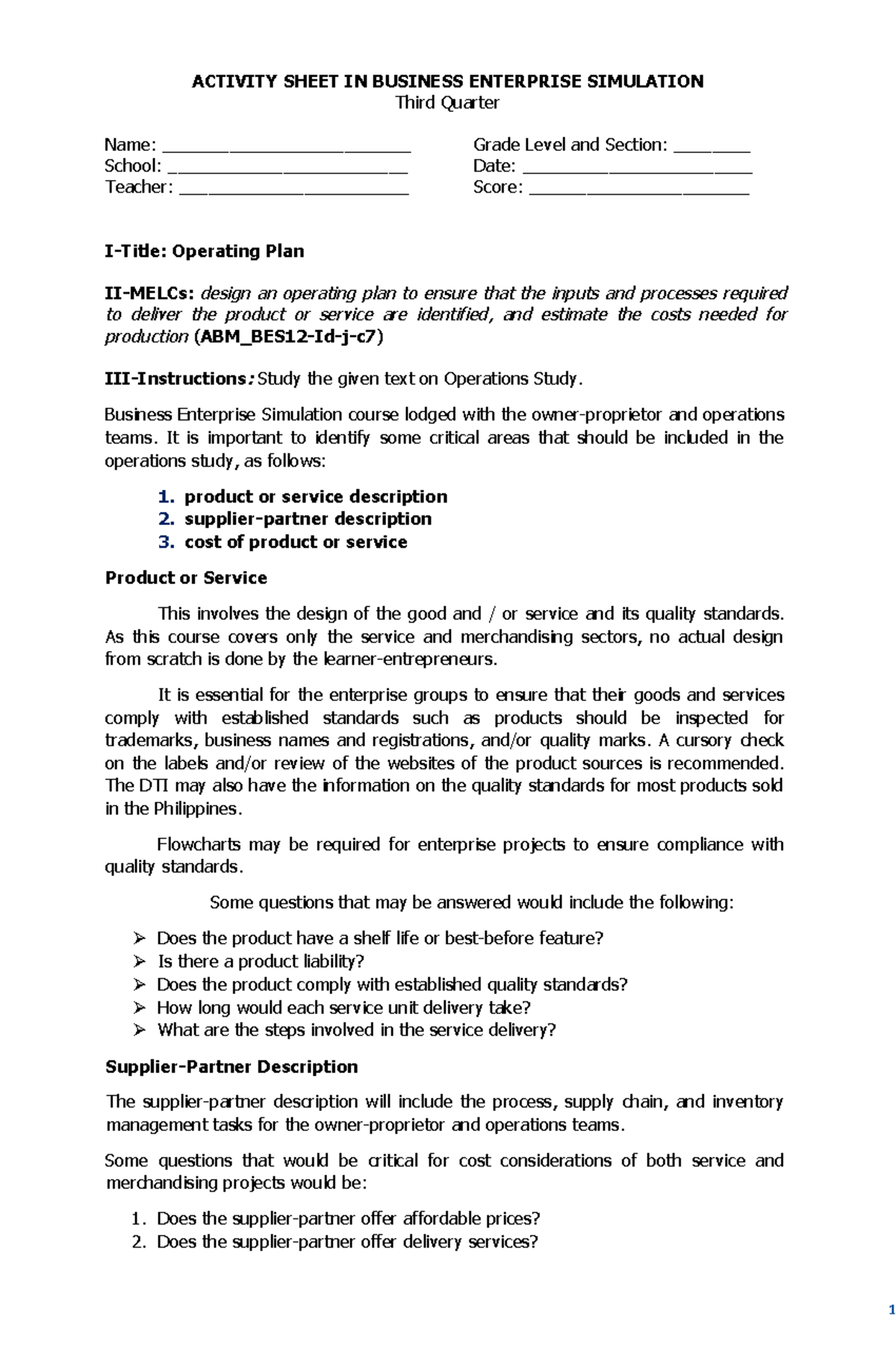 7 Business Enterprise Simulation Q3 Module 7 - ACTIVITY SHEET IN ...