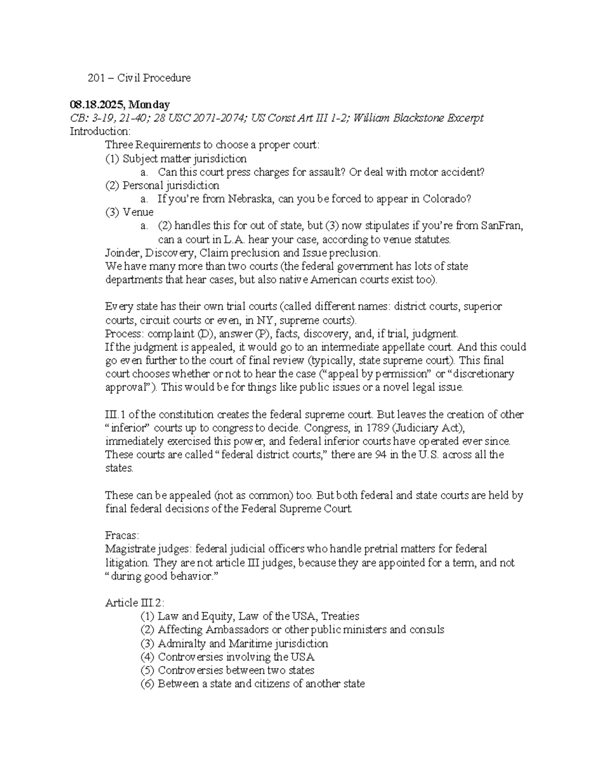 201 Civil Procedure: Key Concepts and Case Summaries - Studocu