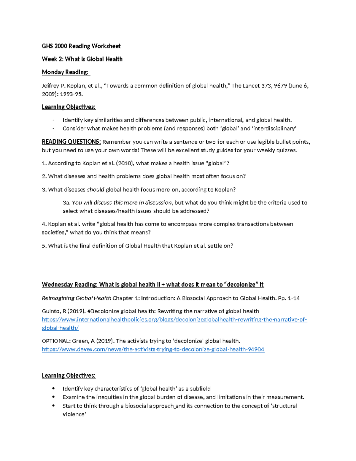 Week 2 Worksheet - GHS 2000 Reading Worksheet Week 2: What is Global ...