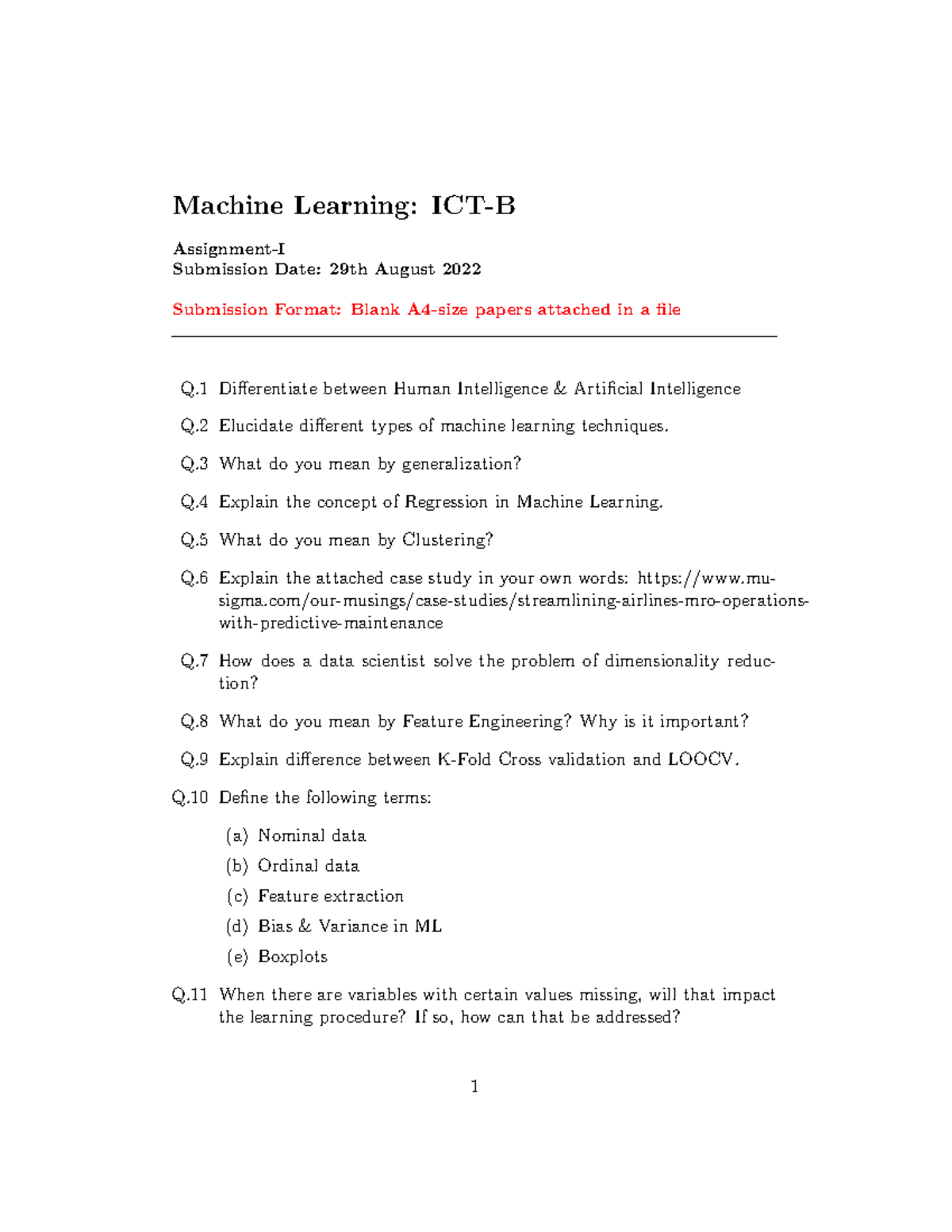 Machine Learning Assignment-I: Key Concepts and Techniques - ICT-B ...