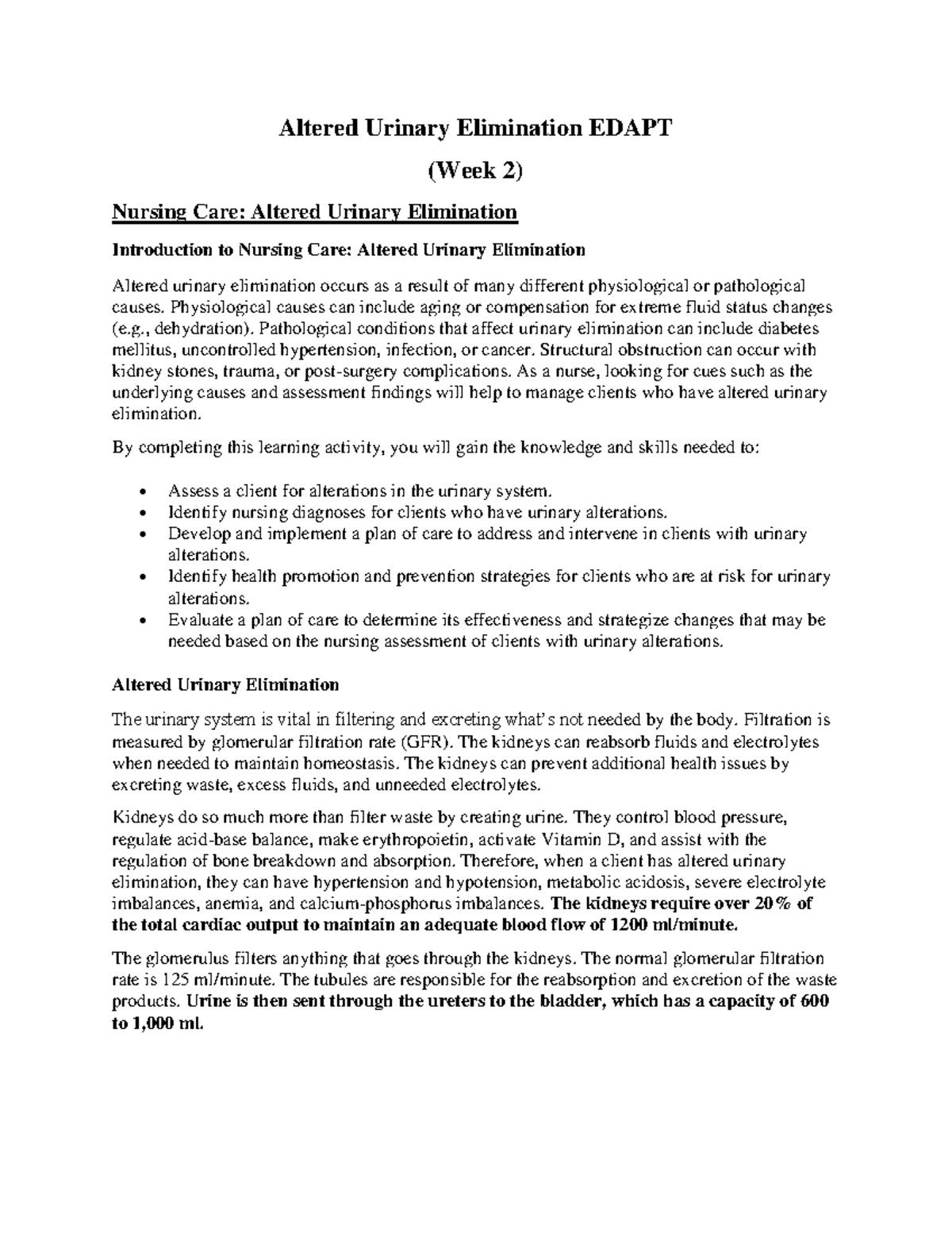 Altered Urinary Elimination: Nursing Care Strategies (Week 2 EDAPT ...
