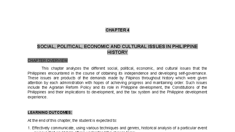 CHAPTER 4: SOCIAL, POLITICAL, ECONOMIC & CULTURAL ISSUES IN PHILIPPINE ...