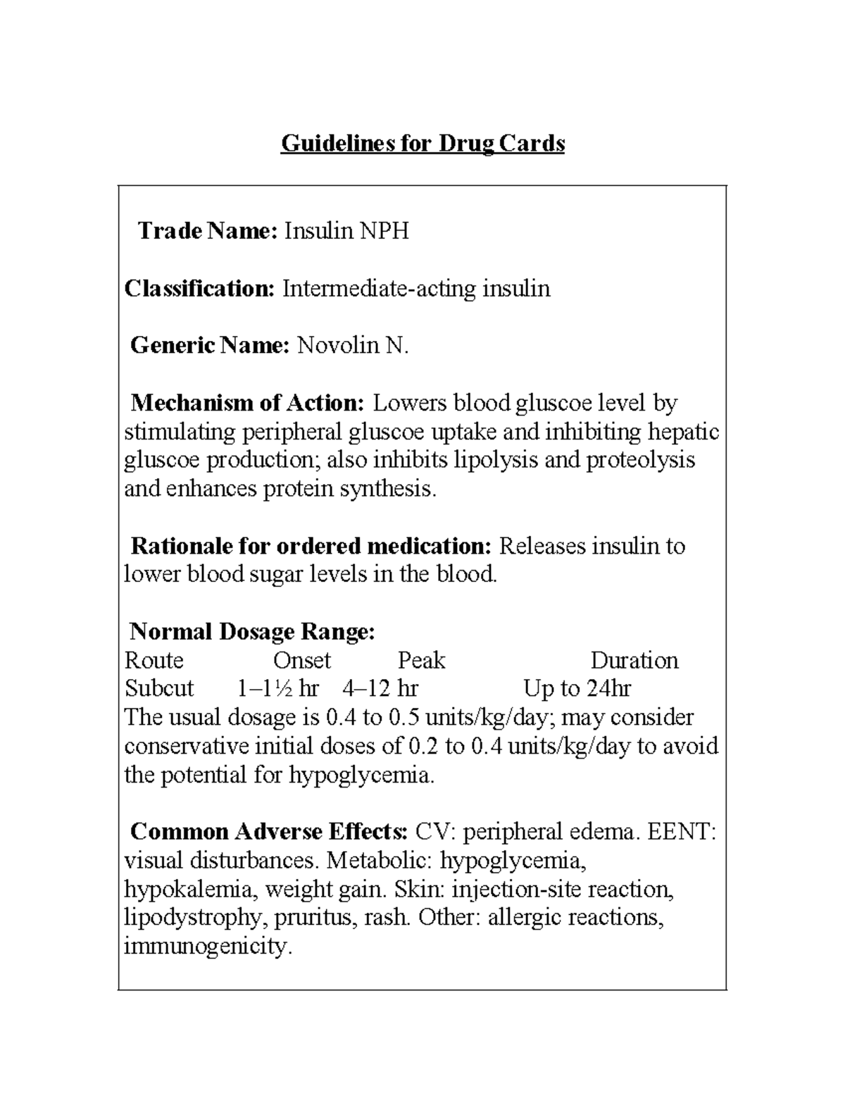 Novolin N (Insulin NPH) - Drug Card Guidelines for Medications - Studocu