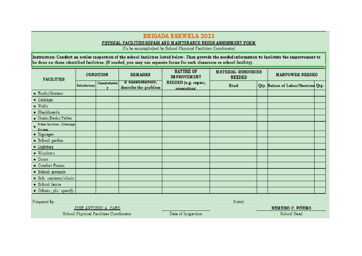 BRIGADA ESKWELA 2021 Physical Facilities Repair Assessment Form - Studocu