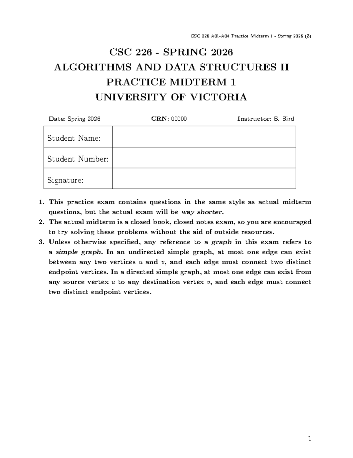 CSC 226 Practice Midterm 1 Spring 2026 - Algorithms & Data Structures ...