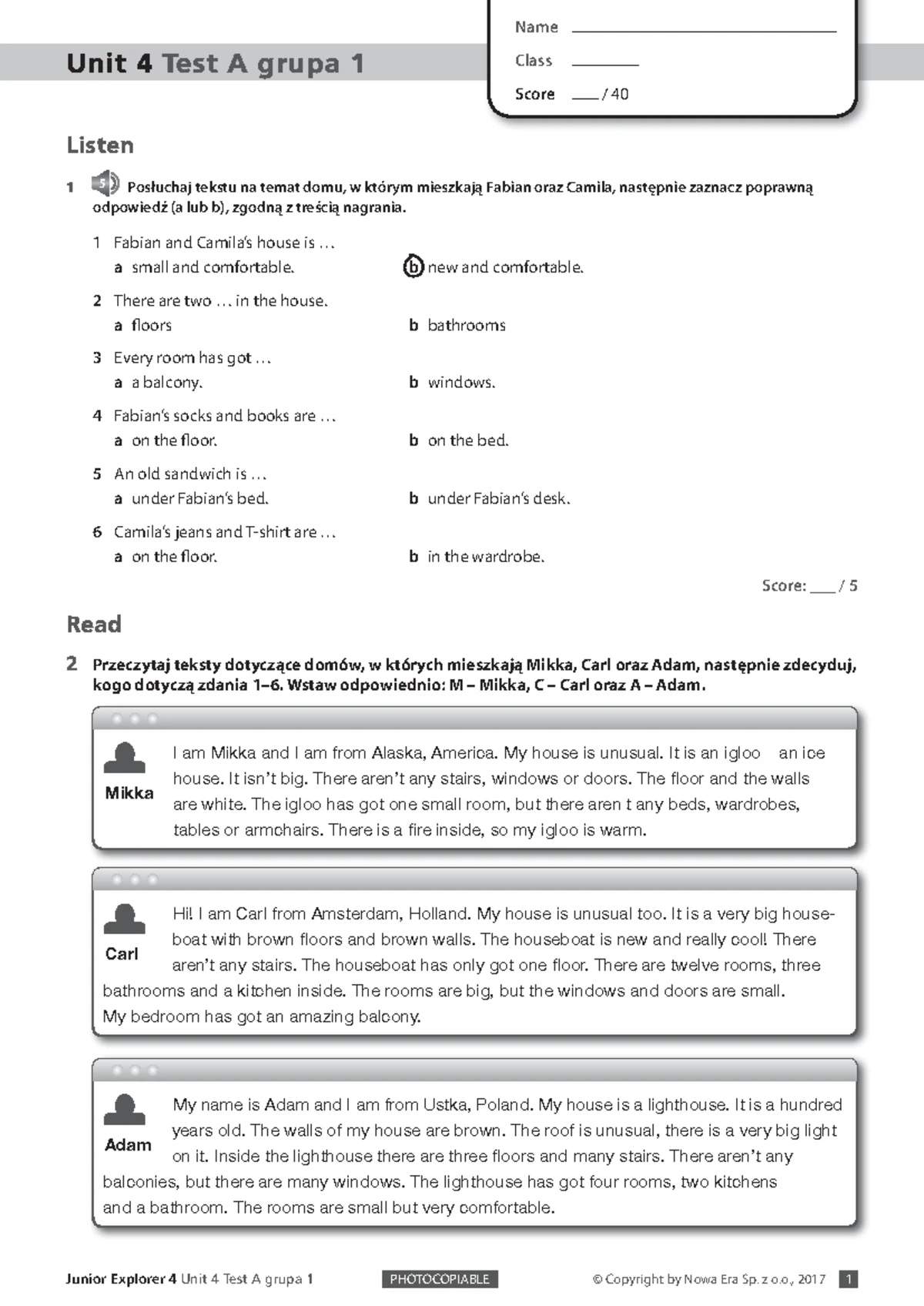 Together kl5 U1 Unit Test Standard A: Listening & Reading Activities ...