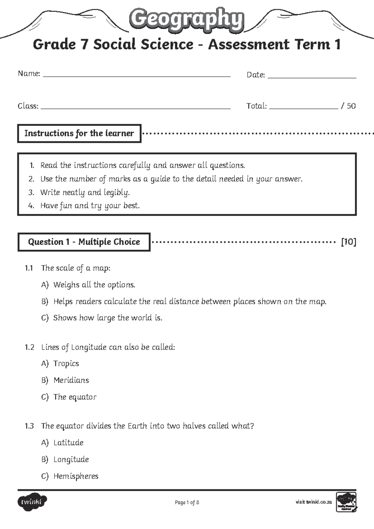 Grade 7 Geography Term 1 Assessment (Social Science) - Studocu