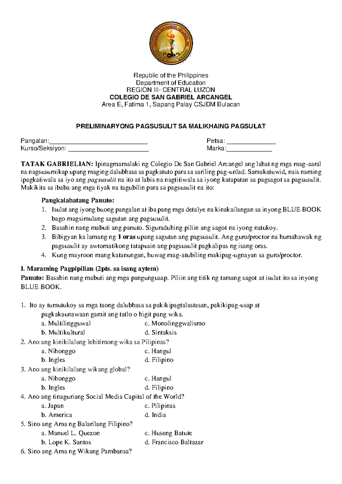 Preliminaryong Pagsusulit sa Malikhaing Pagsulat (Fil 101) - Studocu