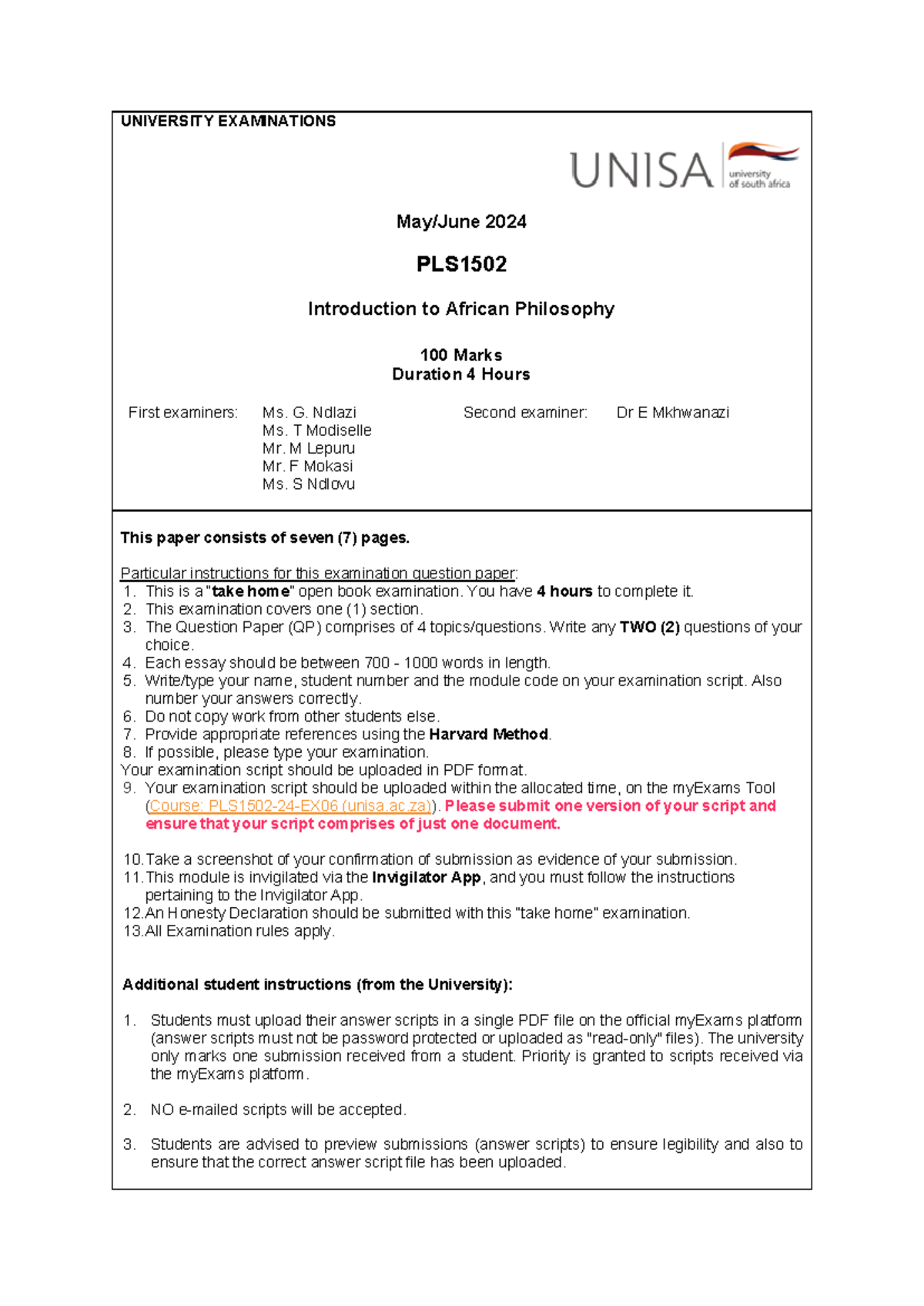 PLS1502 May/June 2024 Examination QP: African Philosophy (100 Marks ...