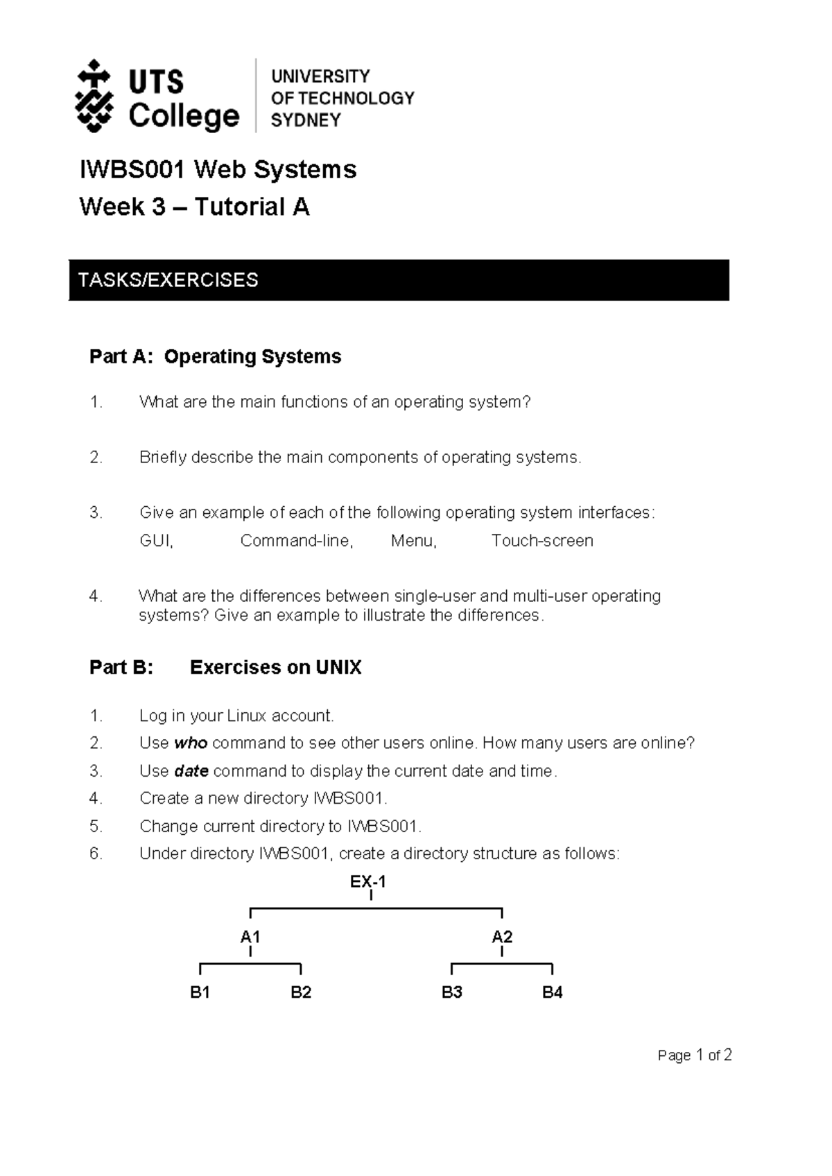 IWBS001 Web Systems Week 3 Tutorial A: OS Functions & UNIX Exercises ...