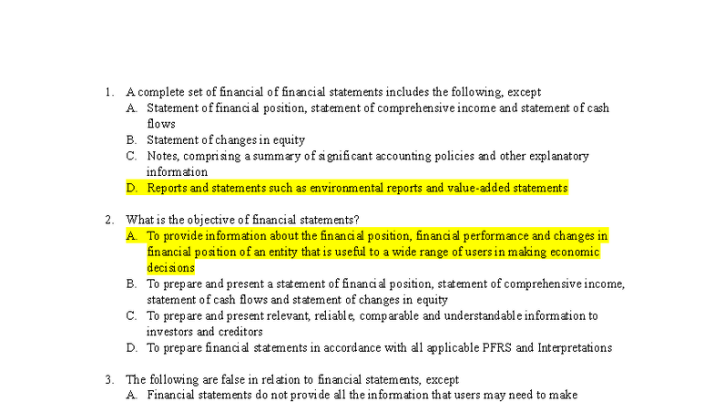 Financial Statements MCQs for ACC 101: Comprehensive Review - Studocu