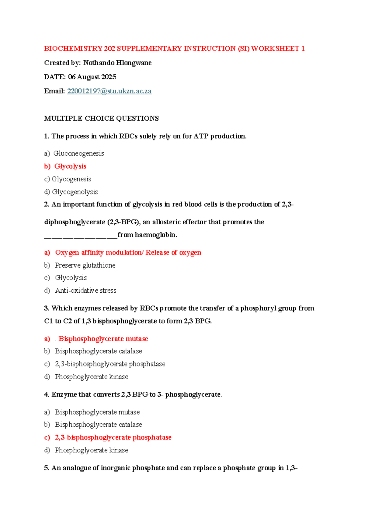 BIOCHEMISTRY 202 SUPPLEMENTARY INSTRUCTION WORKSHEET 1 MEMO - Studocu